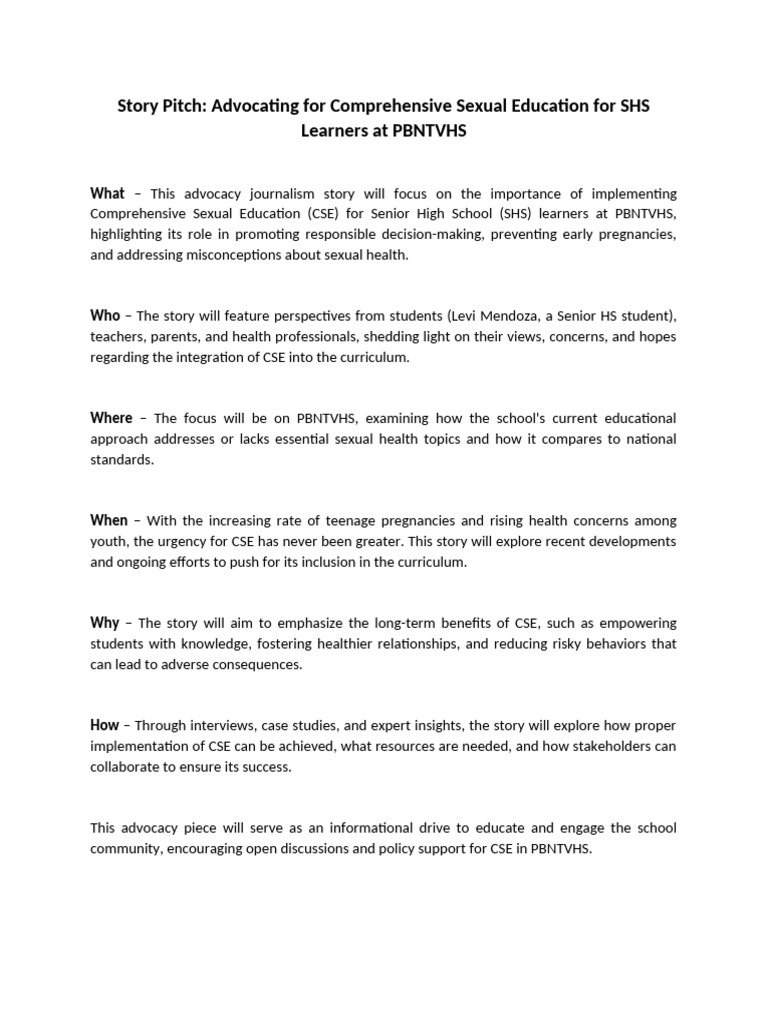 Story Pitch - Advocacy Journalism | PDF | Sex Education | Learning