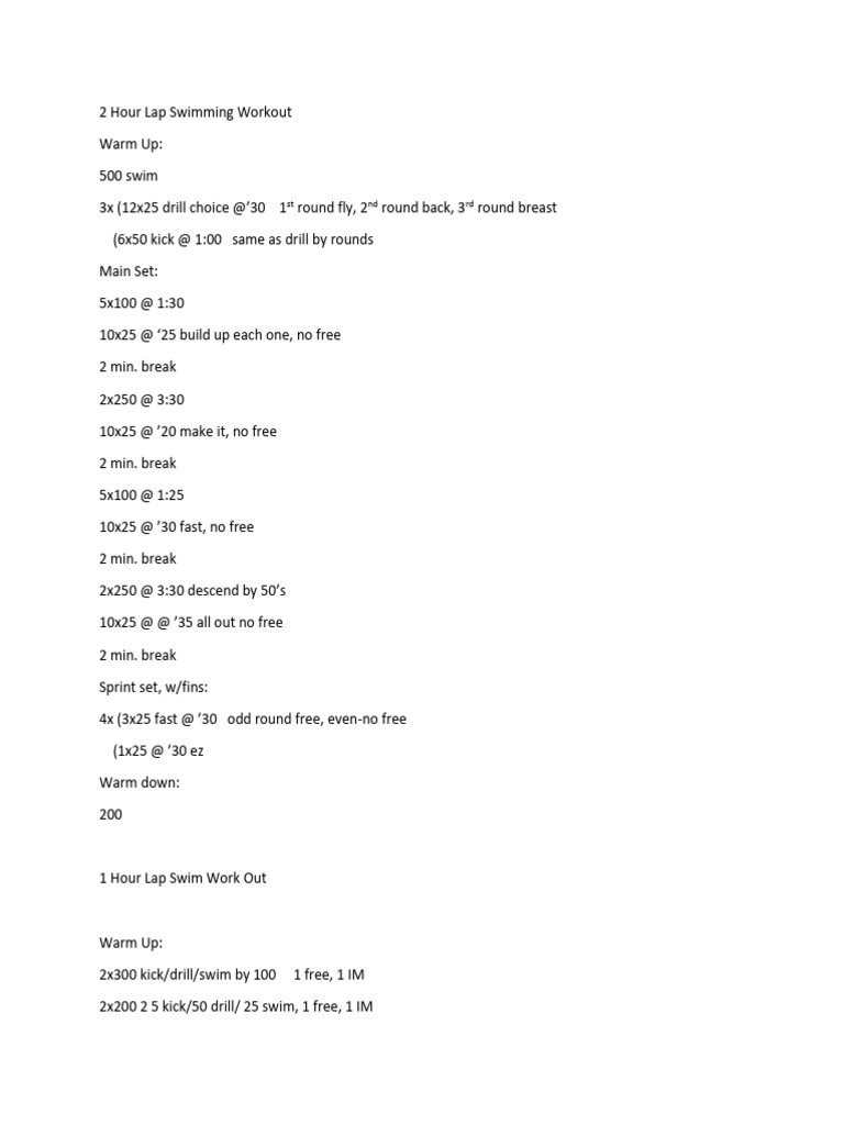 Swim Workouts: 1 & 2 Hour Plans | PDF
