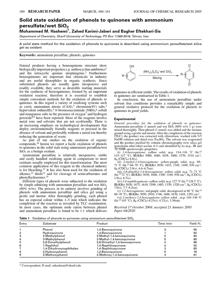 Solid State Oxidation of Phenols To Quinones With | PDF | Redox | Phenols