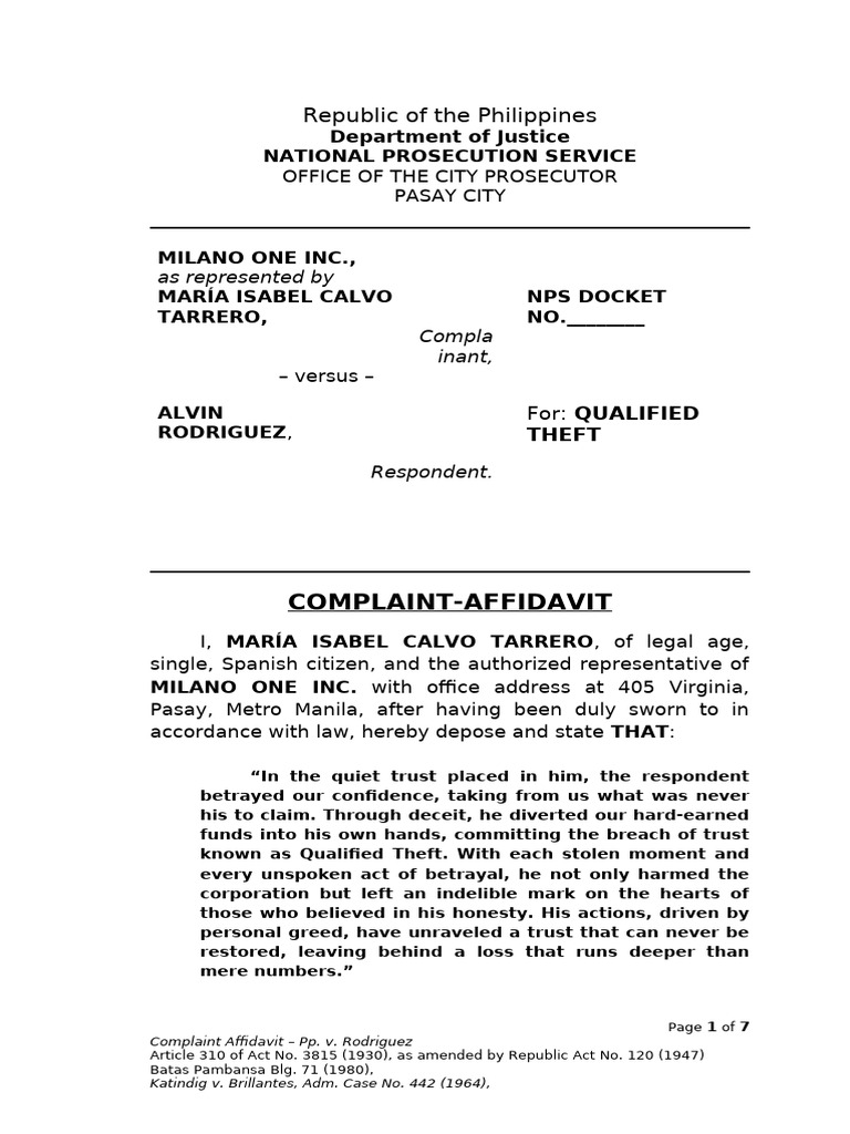 Complaint-Affidavit-Qualified Theft-Isabel | PDF | Theft | Property