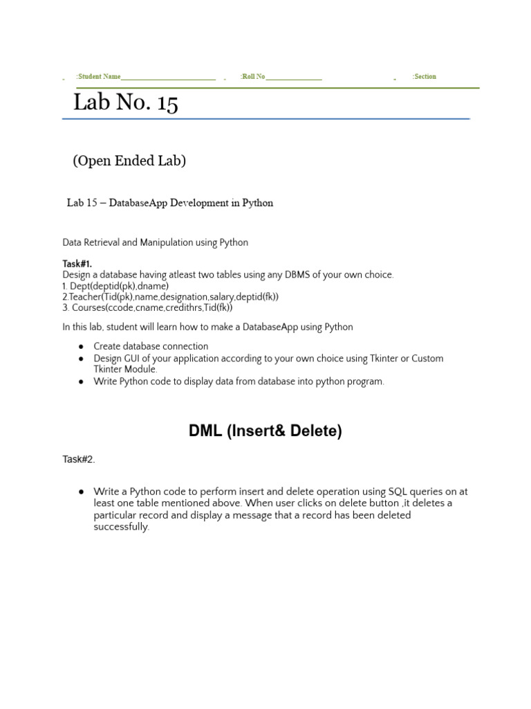 ProgrammingFundamentals Lab15(OpenEndedLab-DatabaseAppDevelopmentinPython).docx (2) | PDF