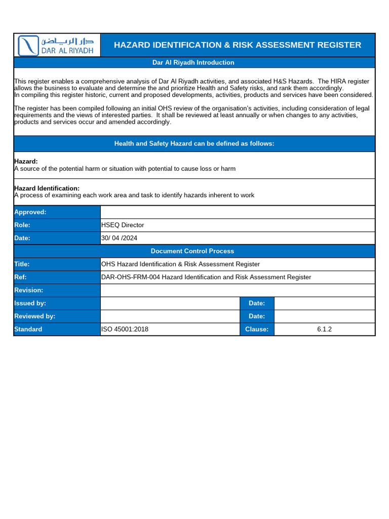 DAR-OHS-FRM-004 Hazard Identification and Risk Assessment Register ...
