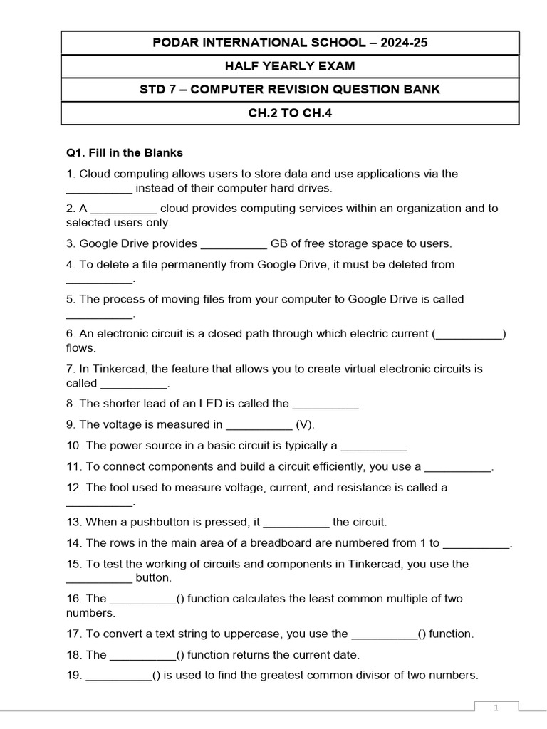 Computer - STD 7 - HYE - CH 2 To 4 RQB - 2024 - 25 - 1 | PDF | Electrical Network | Spreadsheet