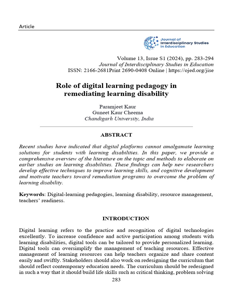 Role of Digital Learning Pedagogy in Remediating Learning Disability ...