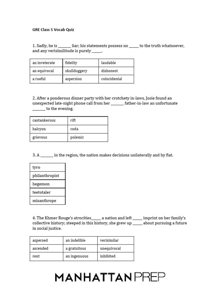 GRE Class 5 Vocabulary Quiz | PDF
