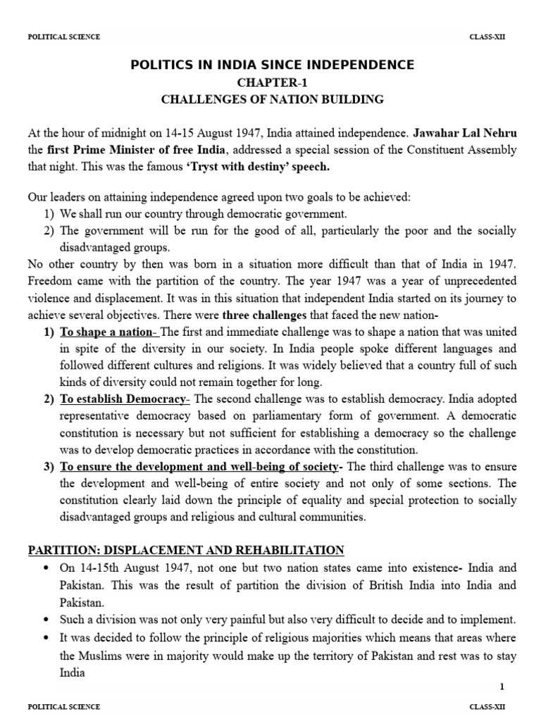 12 Political Science -Challenges of Nation Building - Notes VL | PDF ...