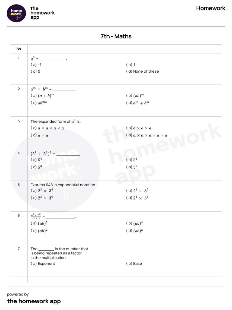 Questions - Homework - 7th - Maths - 2025-02-21T10 - 10 | PDF | Mathematics | Arithmetic