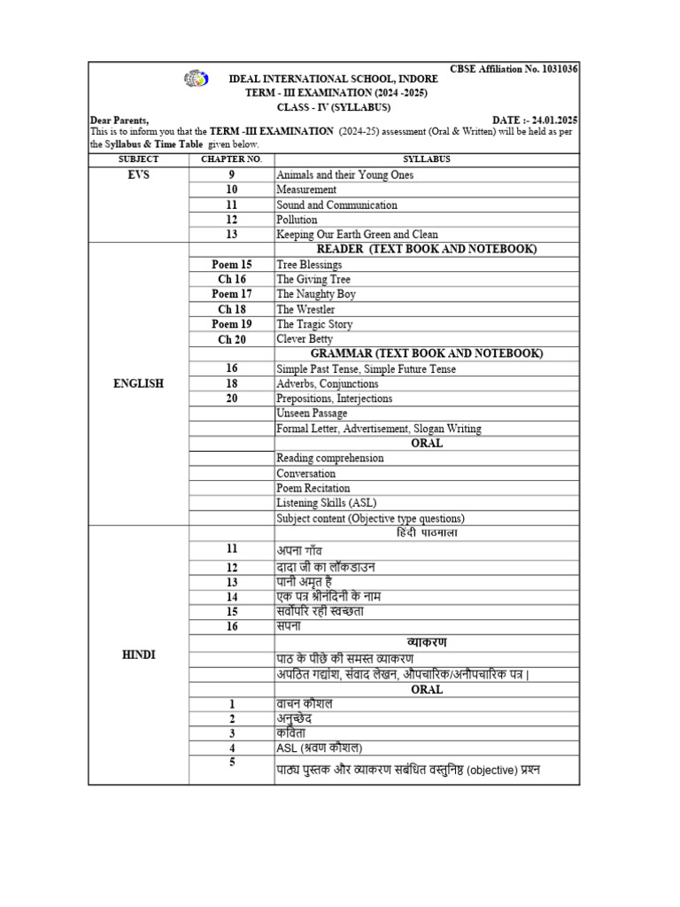 CLASS - IV_ SYLLABUS TERM-III 2024-25 | PDF | Linguistics