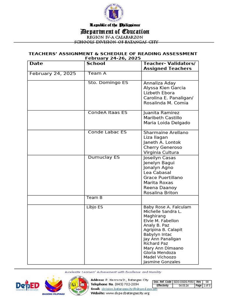 Teachers Reading Schedule | PDF