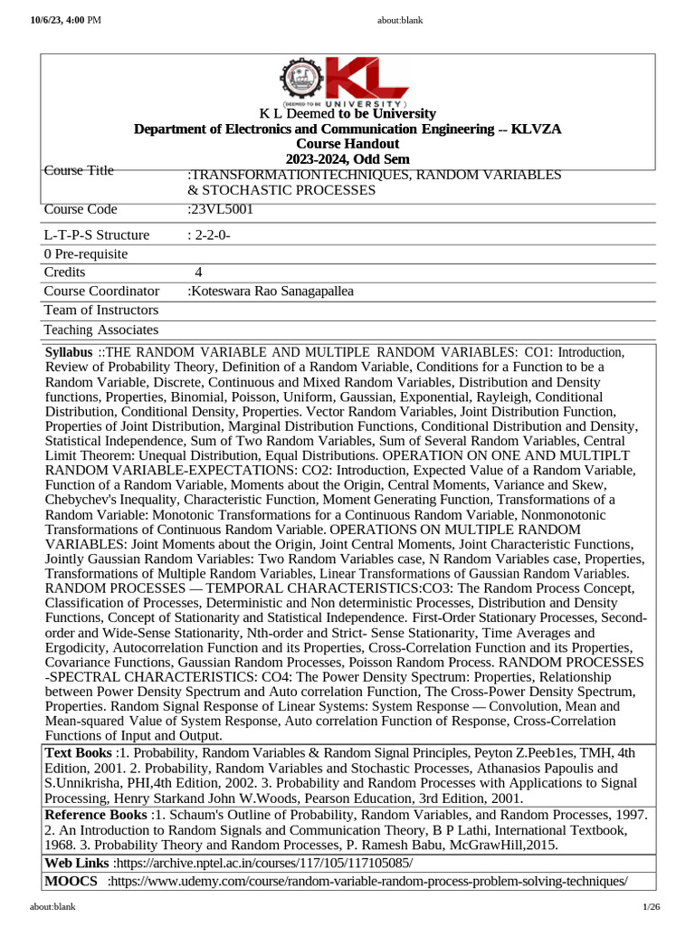 Rvsp Course Handout | PDF | Probability Distribution | Stationary Process