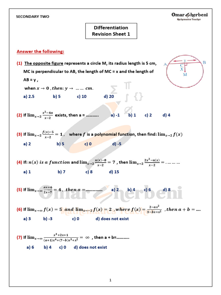 52400_Differentiation Revision Sheet 1 | PDF | Geometry | Mathematical ...