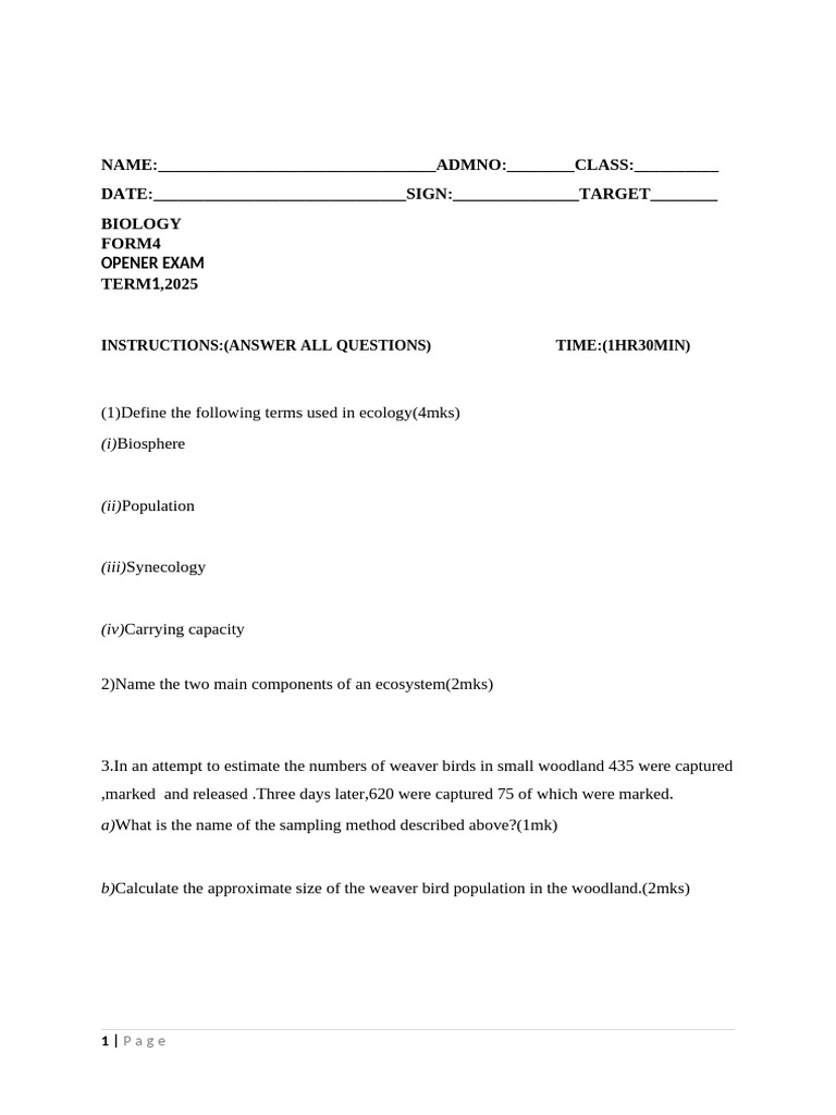 Biology Form 4 Term 1 Exam 2025 | PDF