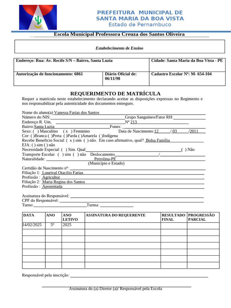 Requerimento de Matrícula - Escola Creuza PE | PDF