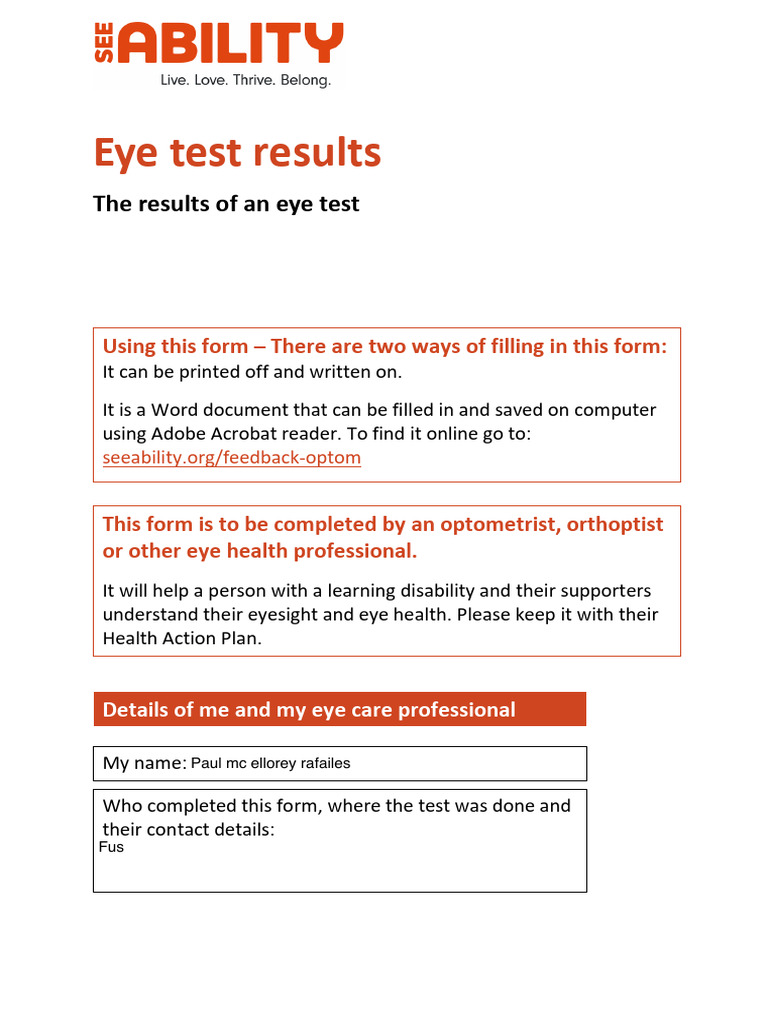 Eye Test Results Form - March2025 | PDF | Glasses | Visual Acuity