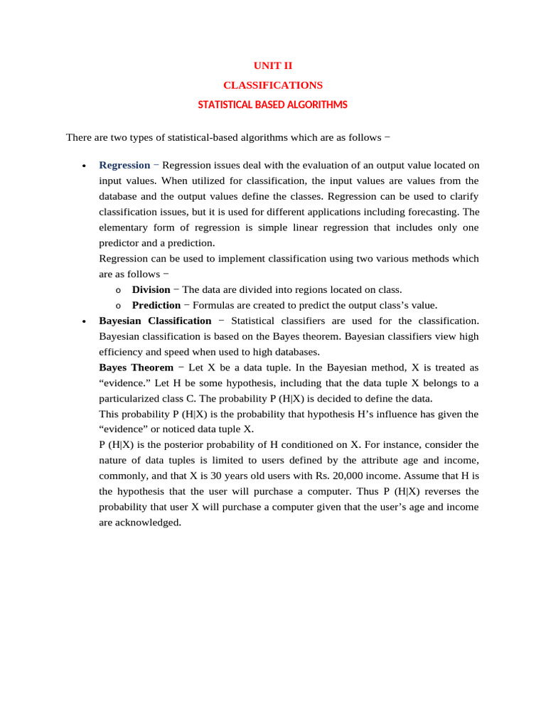 Unit II Classifications | PDF | Statistical Classification | Bayesian Inference