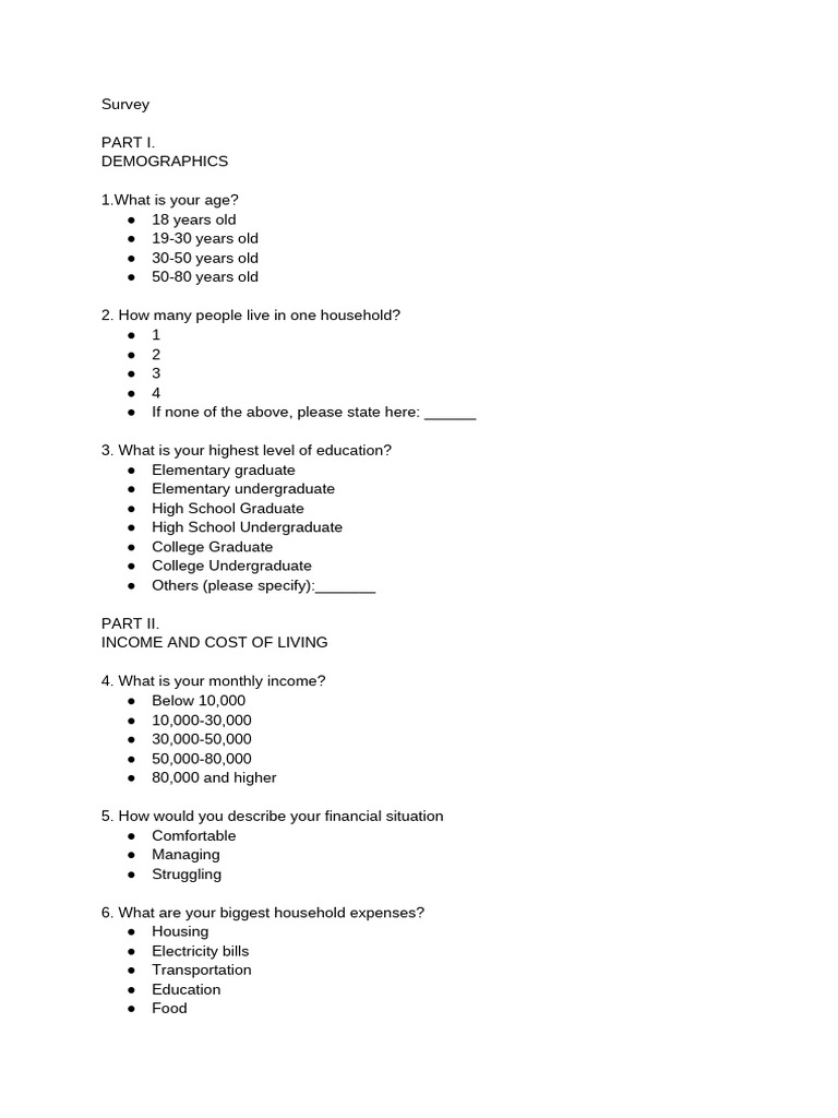 Socioeconomic Survey Questionnaire | PDF | Cost Of Living | Economic Growth