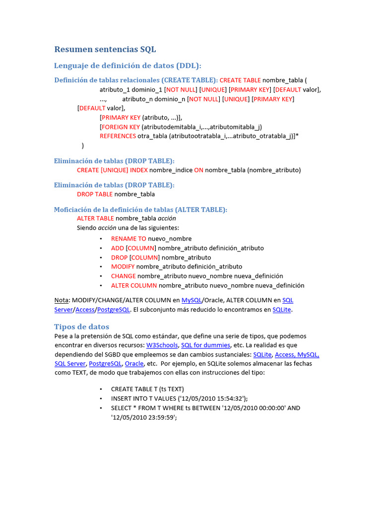 Resumen Sentencias SQL | PDF | SQL | Gestión de datos