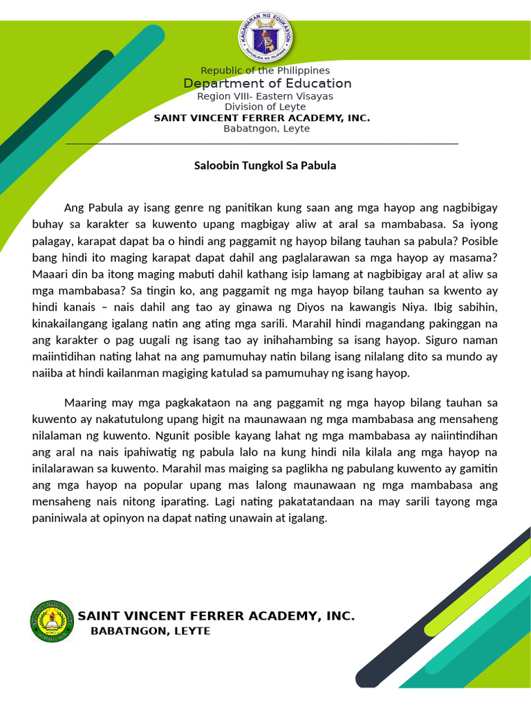 Ang Saloobin Tungkol Sa Pabula | PDF