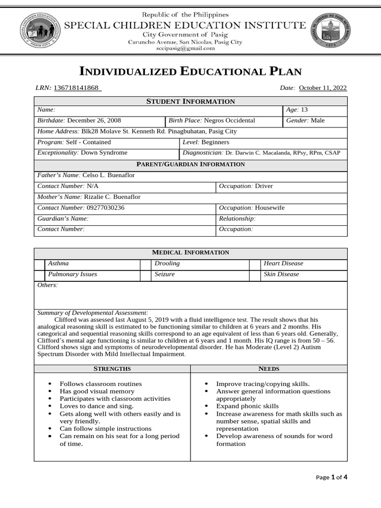 IEP_SAMPLE | PDF | Individualized Education Program | Cognitive Psychology