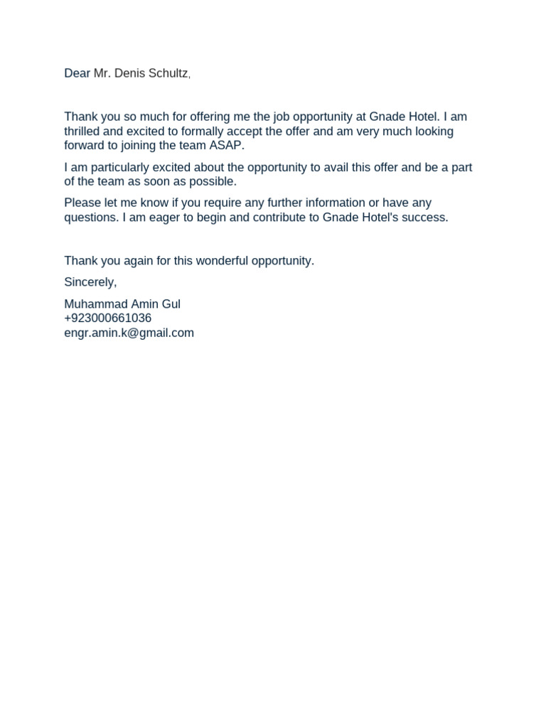 Job Acceptance Letter for Gnade Hotel | PDF