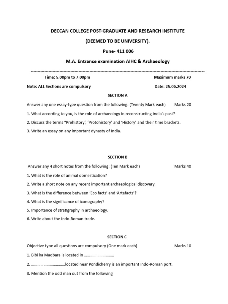 MA Entrance Exam Paper 2024 AIHC and Archaeology | PDF | Archaeology