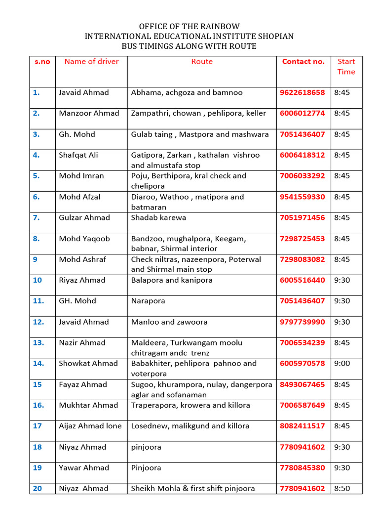 Rainbow Institute Bus Timings & Routes | PDF