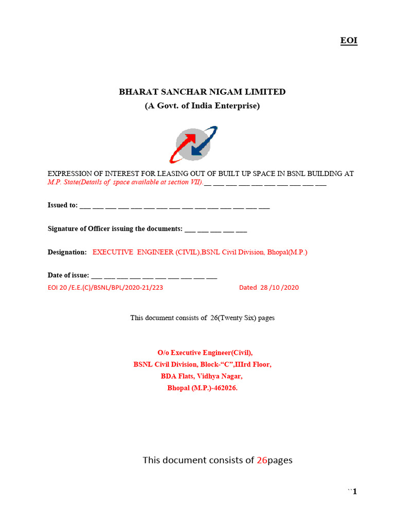 EOI for Leasing BSNL Space in M.P. | PDF | Lease | Private Law