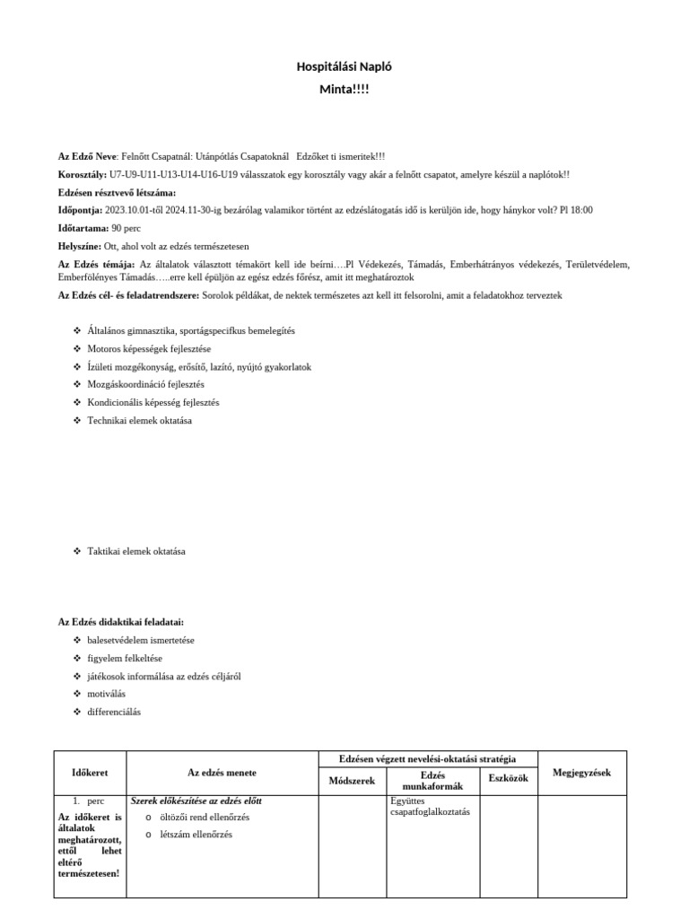 Hospitálási Napló Sablon | PDF