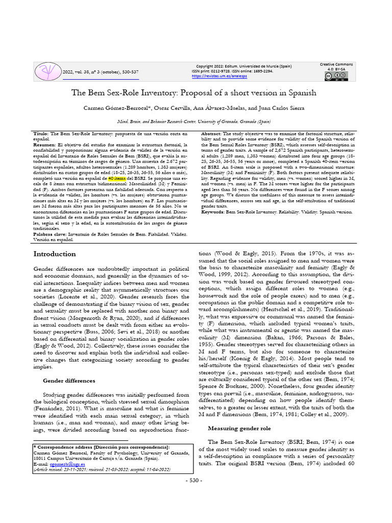 Gómez-Berrocal Et Al. 2022 The Bem Sex-Role Inventory Proposal of A ...