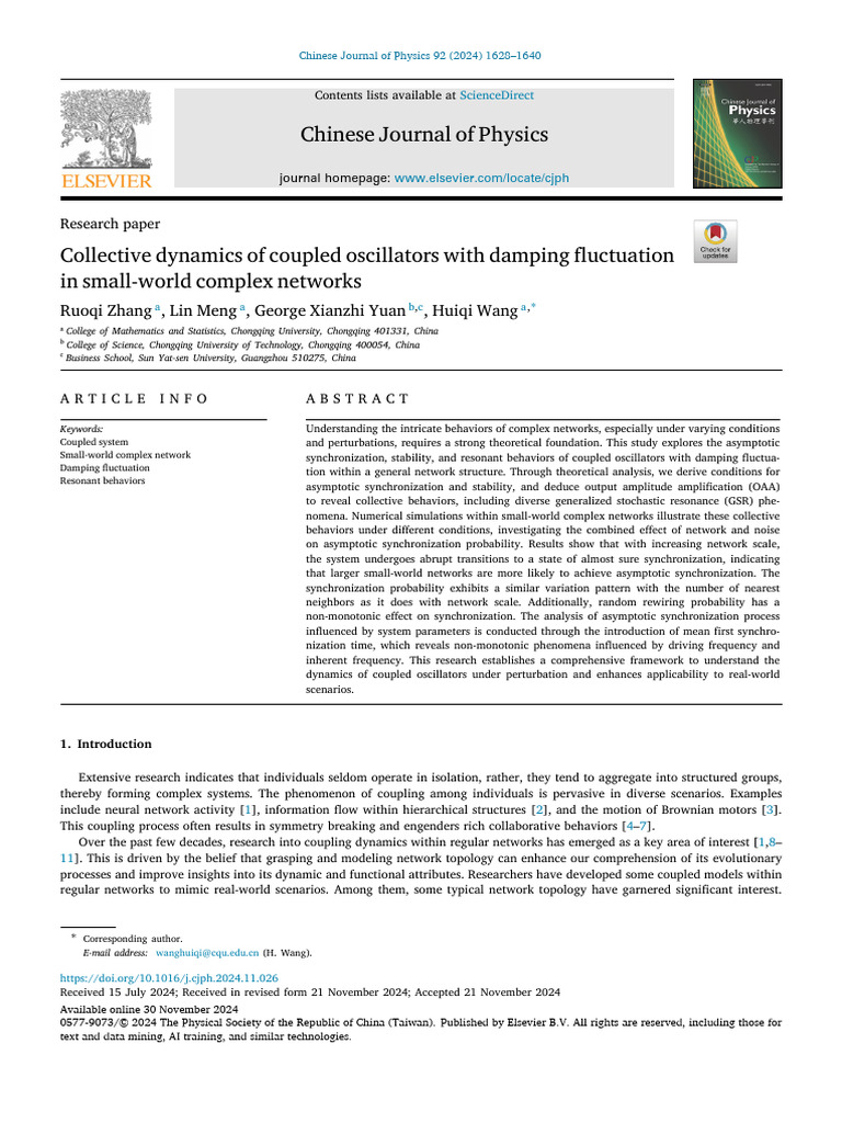 Yuan_No3_Collective dynamics of coupled oscillators with damping fluctuation in small-world ...