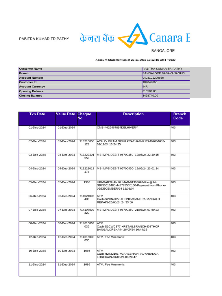 Canara Bank Account Statement PDF | PDF | Debit Card | Automated Teller ...