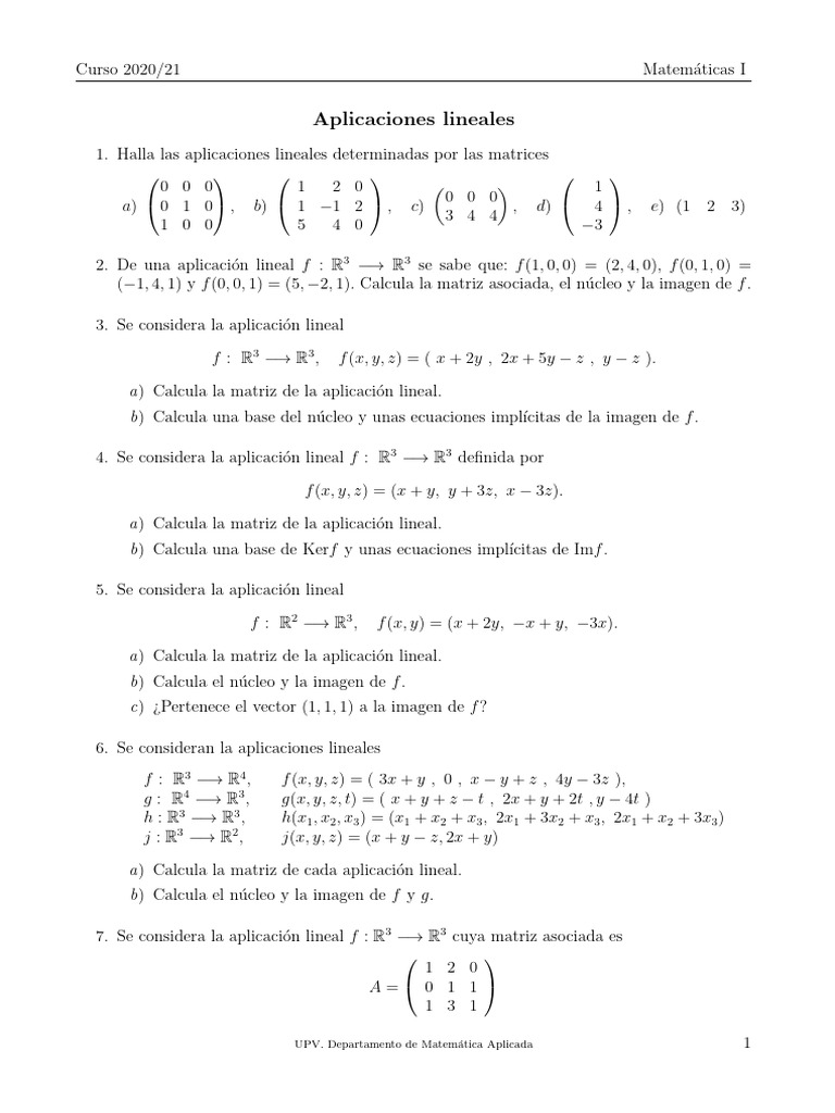 Tema 8 Aplicaciones Lineales | PDF | Mapa lineal | Matriz (Matemáticas)