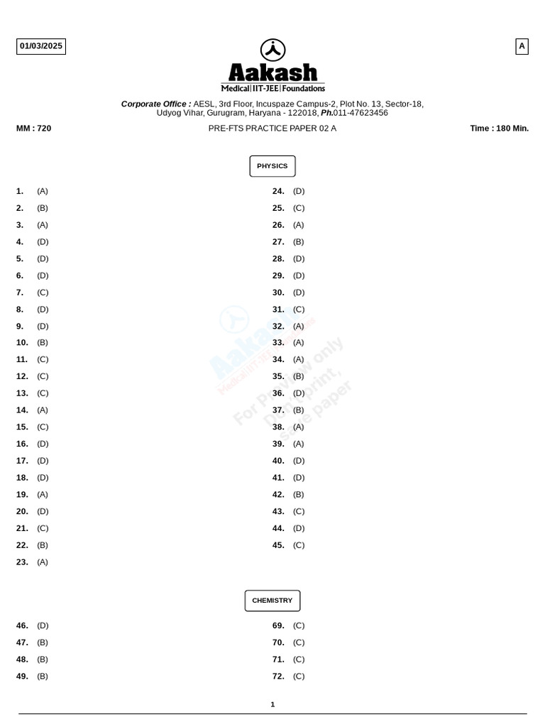 PRE FTS Test Paper Code-02 - 28.02.2025 Key | PDF