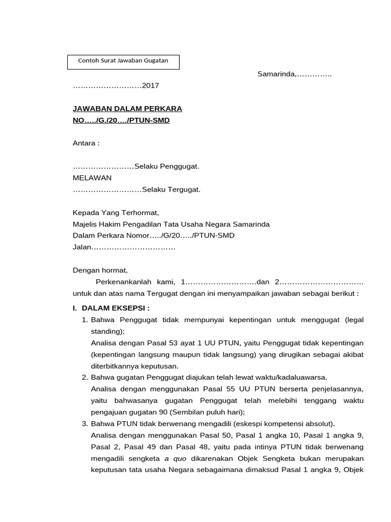 Format Surat Jawaban Gugatan | PDF