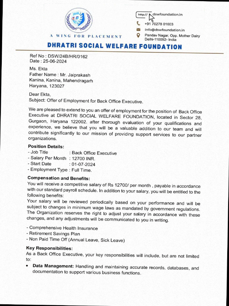 Ekta Offer Letter | PDF