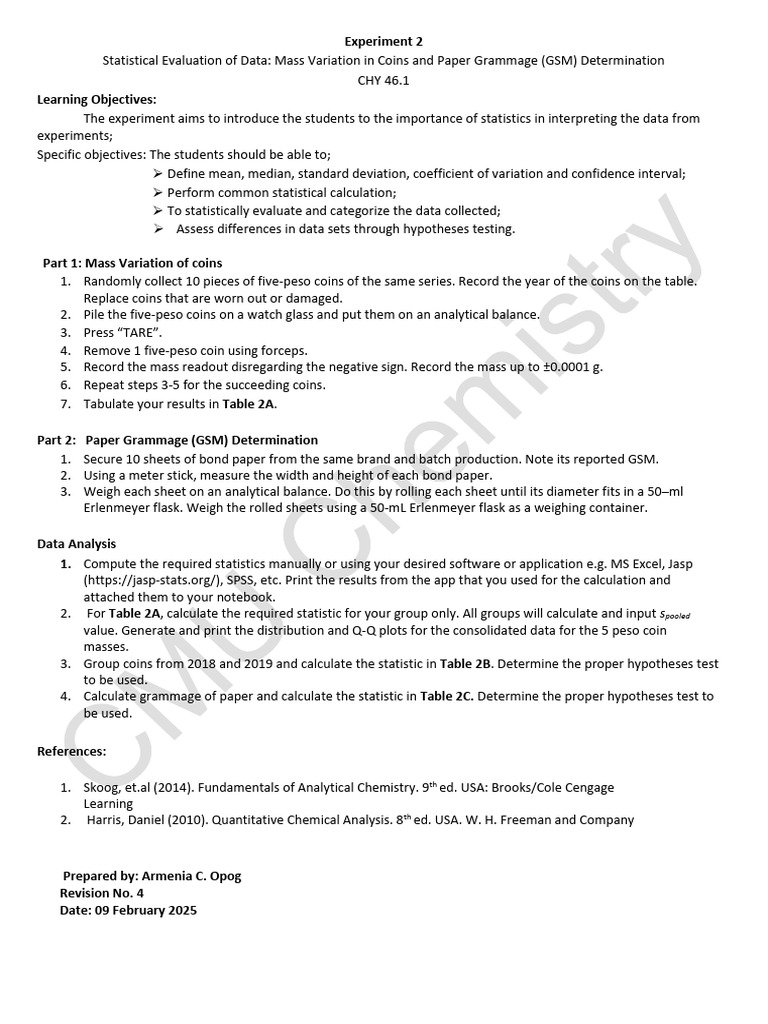 Experiment 2 - Statistics - CHY46.1 - 2025 | PDF | Statistics | P Value