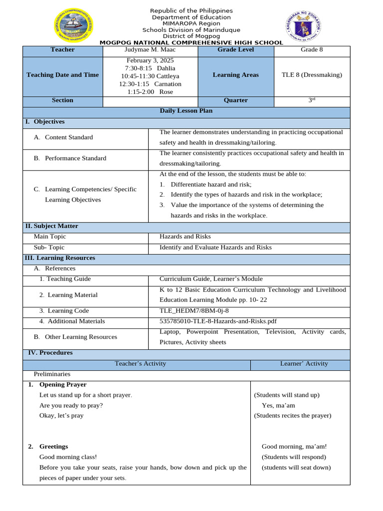 DLP 4 - Dresmaking Hazards and Risk | PDF | Hazards | Risk