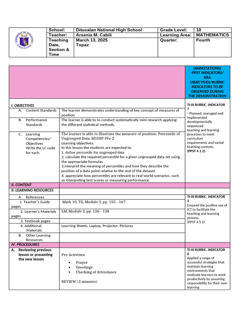 Lesson Plan in Math 10 Percentile | PDF | Percentile | Learning