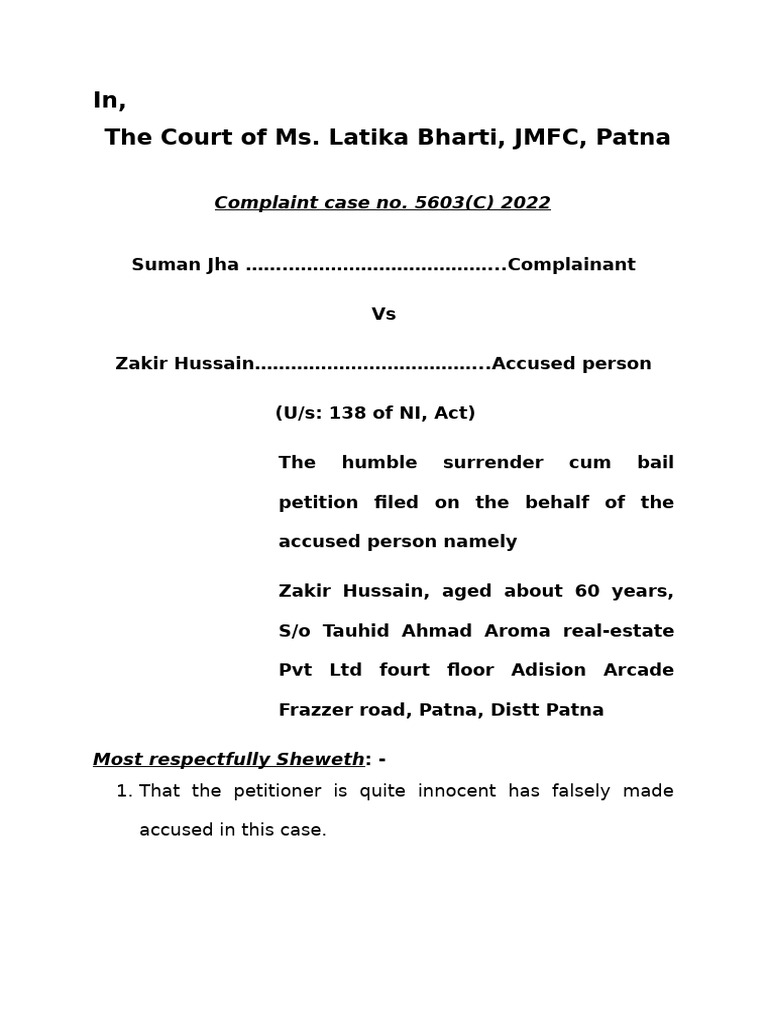 Comp 5603 - 2022 Suman Jha Vs Zakkir Hussain Surrender Cum Baill Petition | PDF | Justice ...