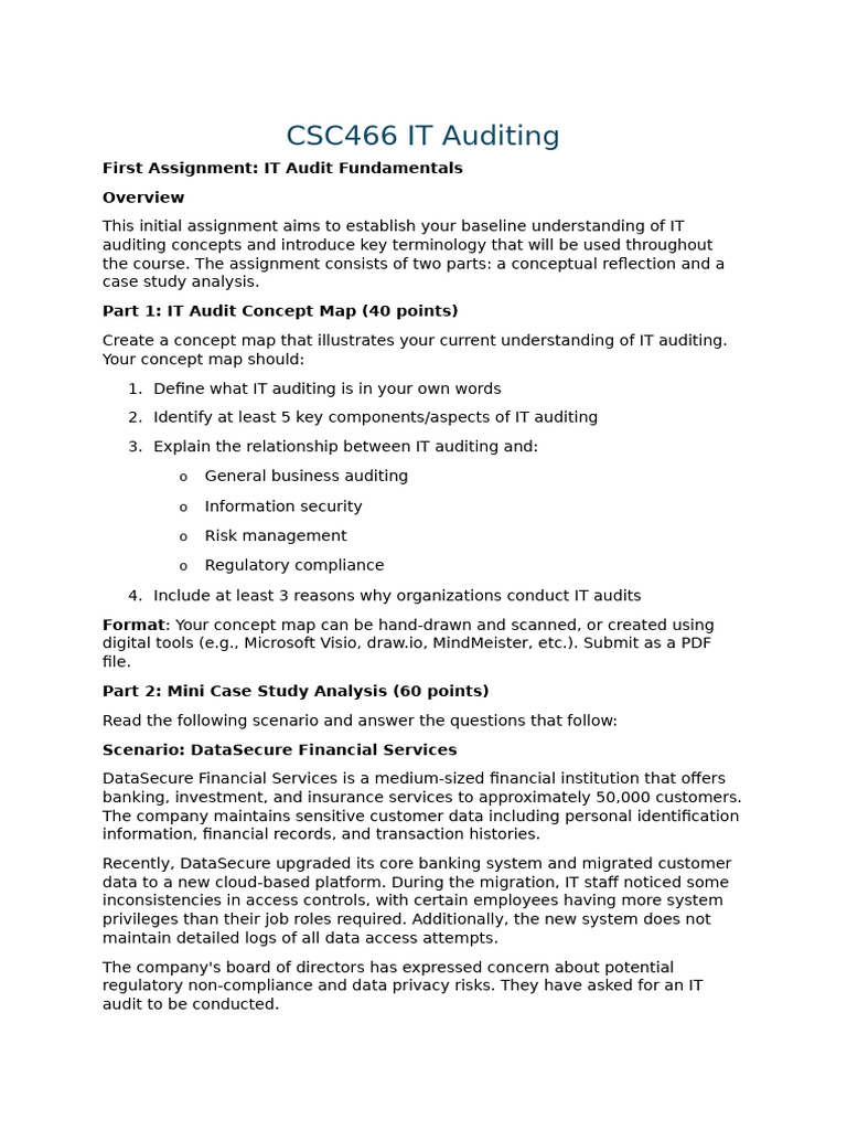 CSC466 IT Auditing Assignment 1 | PDF | Audit | Risk