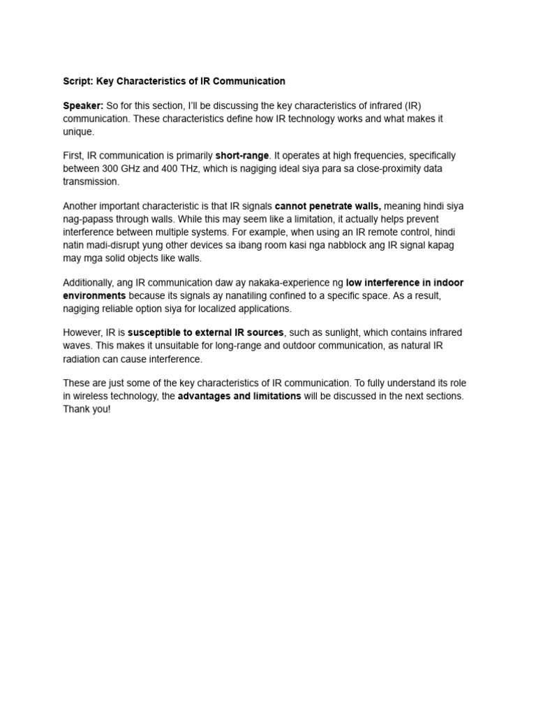 Script - Key Characteristics of IR Communication | PDF