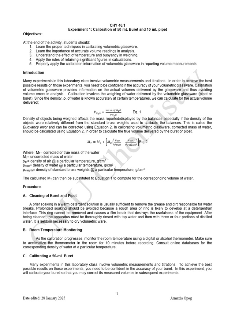 Experiment 1 - Calibration of Volumetric Glassware-1 | PDF | Density ...