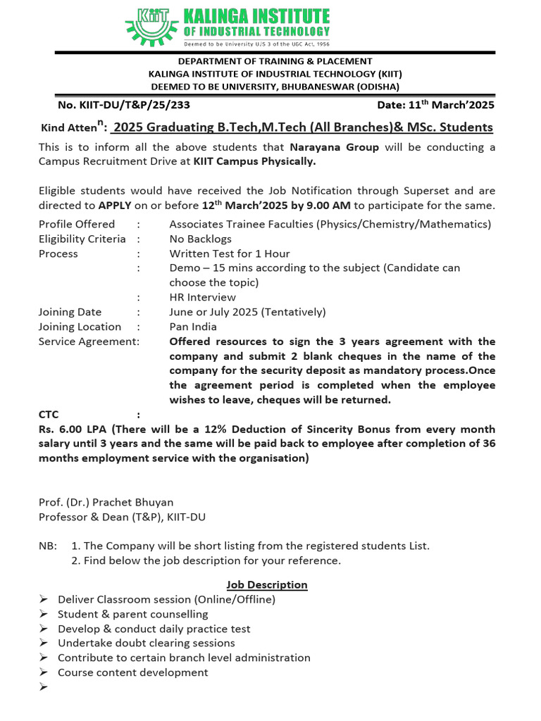 KIIT Campus Recruitment for Narayana Group | PDF | Professor | Educational Stages