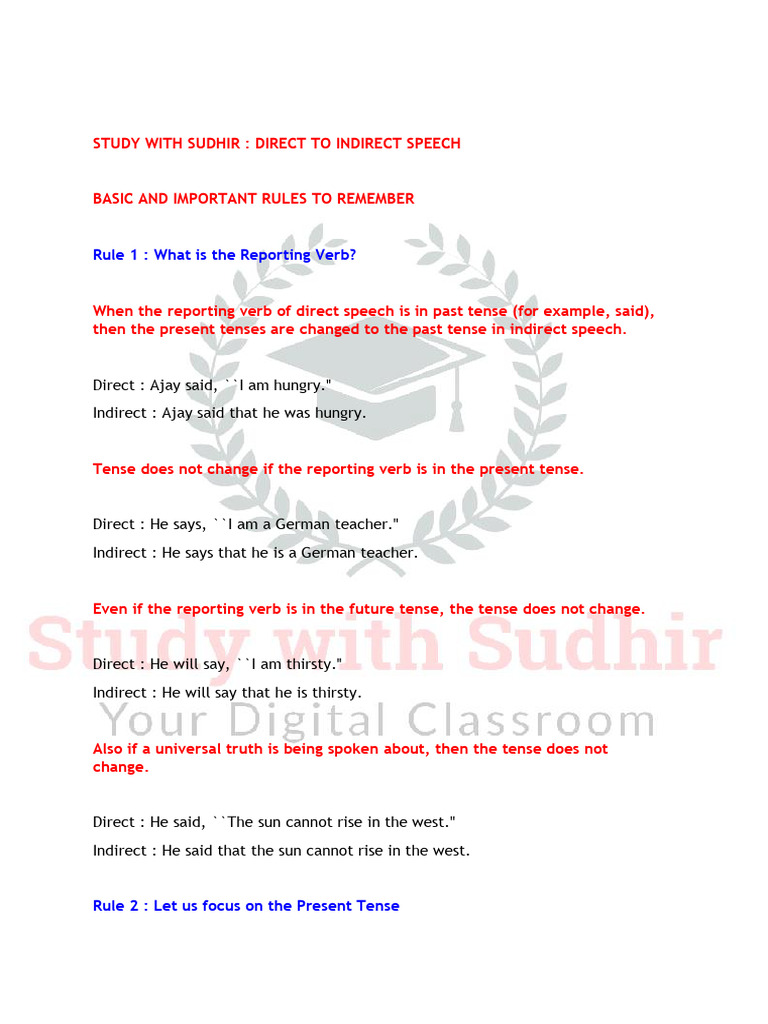 Direct to Indirect Speech Rules Chart | PDF | Grammatical Tense ...