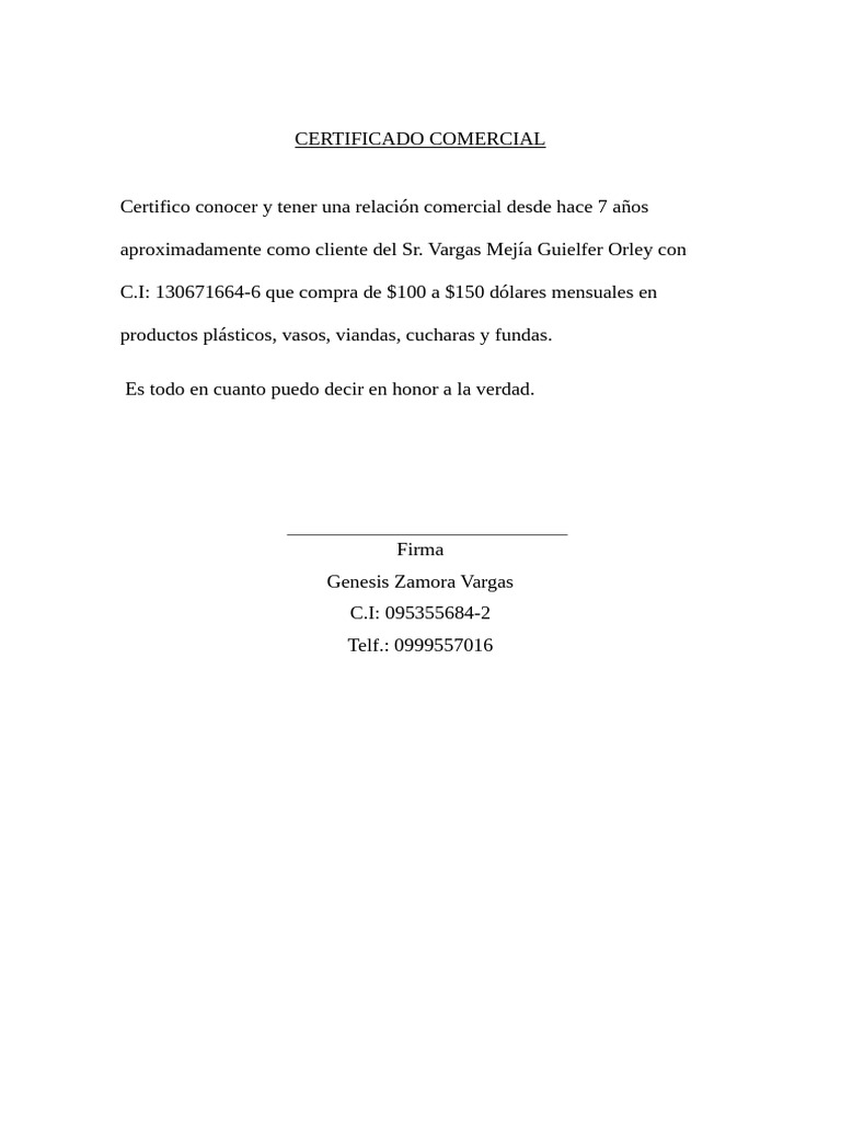 Certificado Comercial de Genesis Zamora | PDF