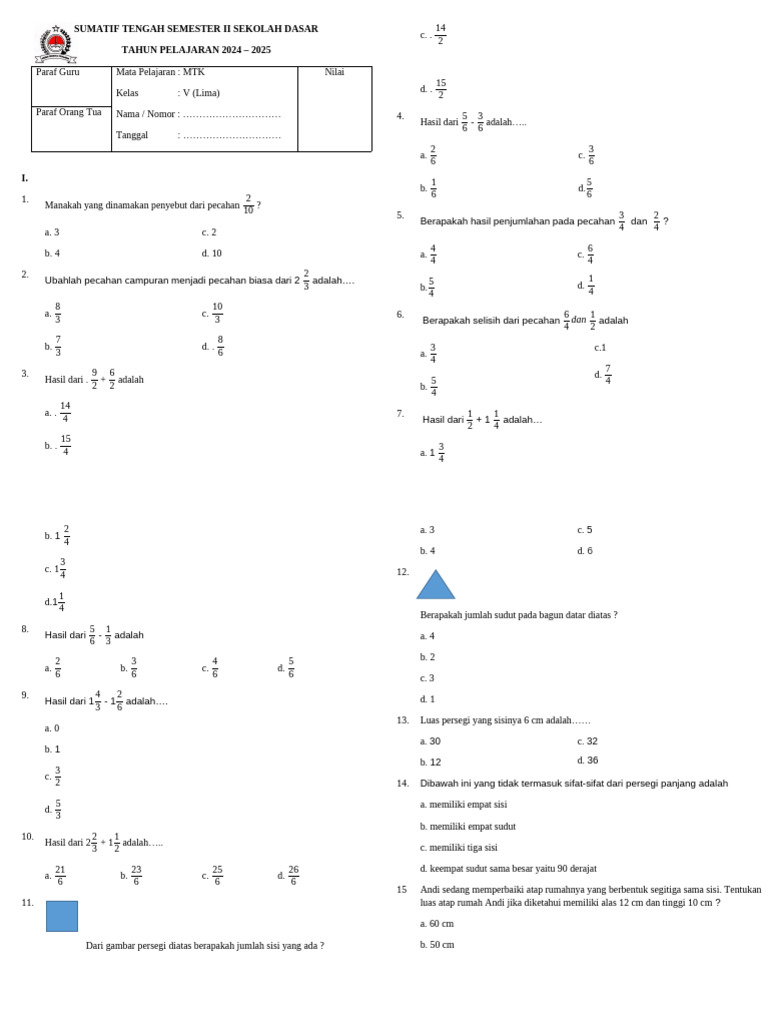 Soal STS II MTK - 5 | PDF