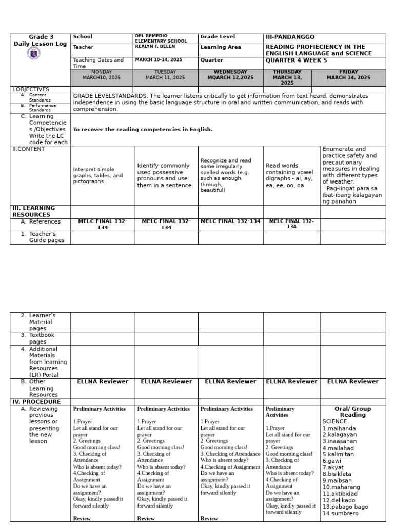 Week 5 - DLL - English Catch Up - Plan | PDF | English Language ...