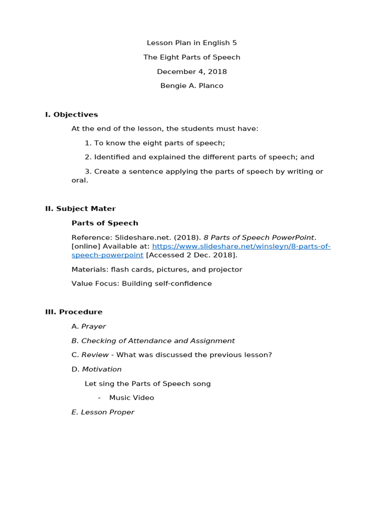 Parts of Speech Lesson Plan 1 | PDF | Part Of Speech | Adverb