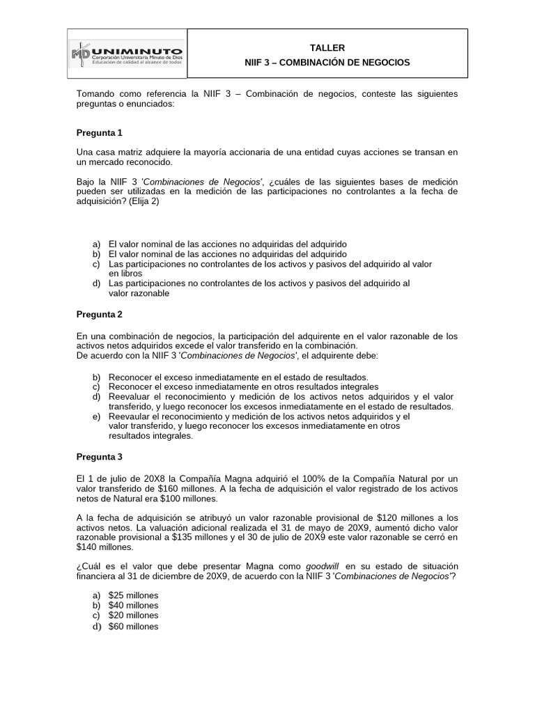 Taller Niif 3 - Combinación de Negocios | PDF