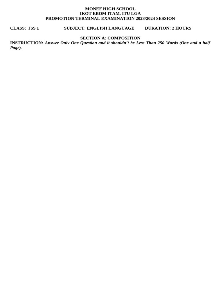 English Language Promotional Exams JSS1 | PDF